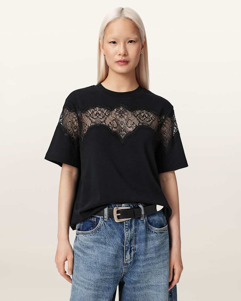 Lisa Lace Amelie T-Shirt Black | ALLSAINTS